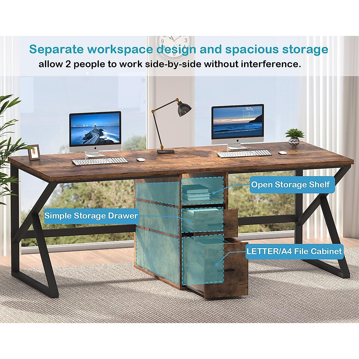 IBF 79" Two Person Office Desk,Large Double Long Pc Desk with File Drawer, 2 Person Computer Desk with Storage Cabinet Shelf, Industrial Wood Modern Work Dual Computer Table for Home, Rustic Brown