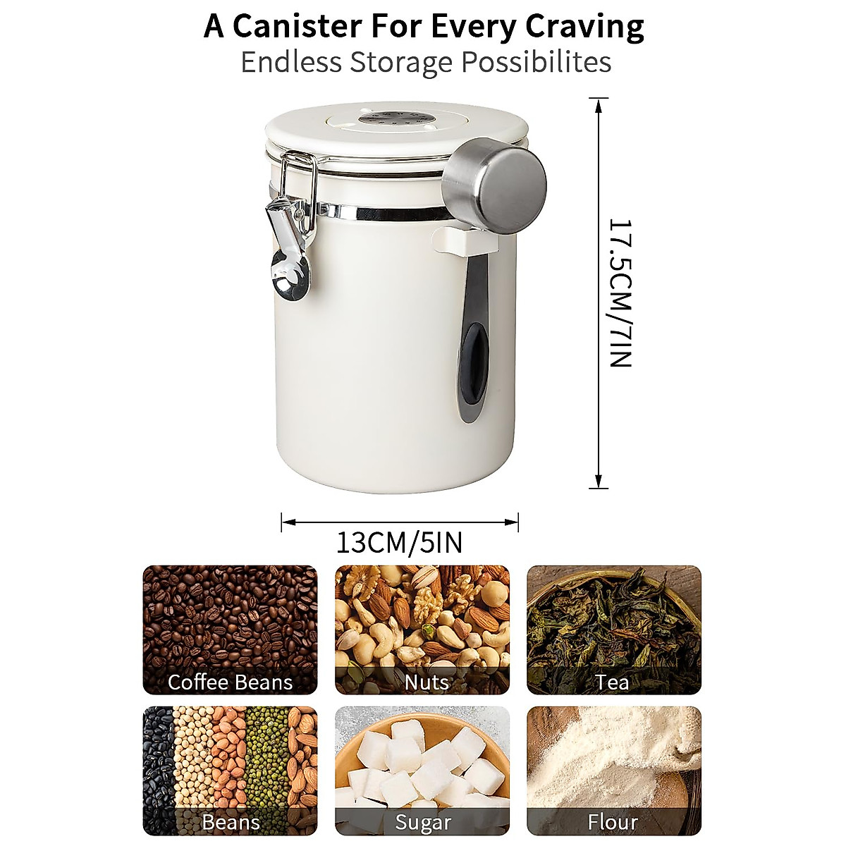 INFTYLE Coffee Canister with Airtight Lid, 22oz, 60 fl oz White, Stainless Steel Air Tight Lid Container with Date Tracker and Scoop Food Storage Jar for Grounds Coffee, Beans, Flour, Cereal (White)