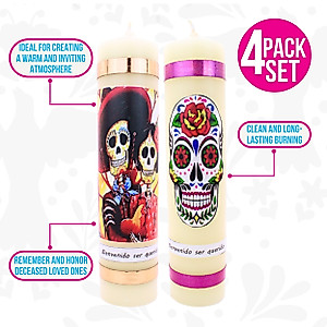 Halloween Candles Set of 4 Slow Burning Made of Premium Wax - Candles Dia de Los Muertos Candles - Day of The Dead Decorations for Altar - Dia de Muertos Decorations - Dia de Los Muertos Altar