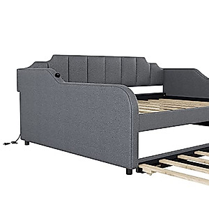 Upholstered Daybed with Pop Up Trundle, Full Size Daybed with Trundle and USB Charging Design, Trundle can be Flat or Erected, Extendable Daybed Frame for Kids Teens (Grey,Full)