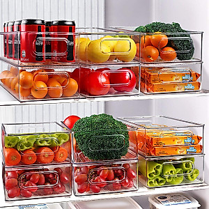 Stackable Refrigerator Organizer Bins, 6 Pack Clear Kitchen Organizer Container Bins with Handles and 20 PCS Free Plastic Bags for Pantry, Cabinets, Shelves, Drawer, Freezer - Food Safe, BPA Free 10"L
