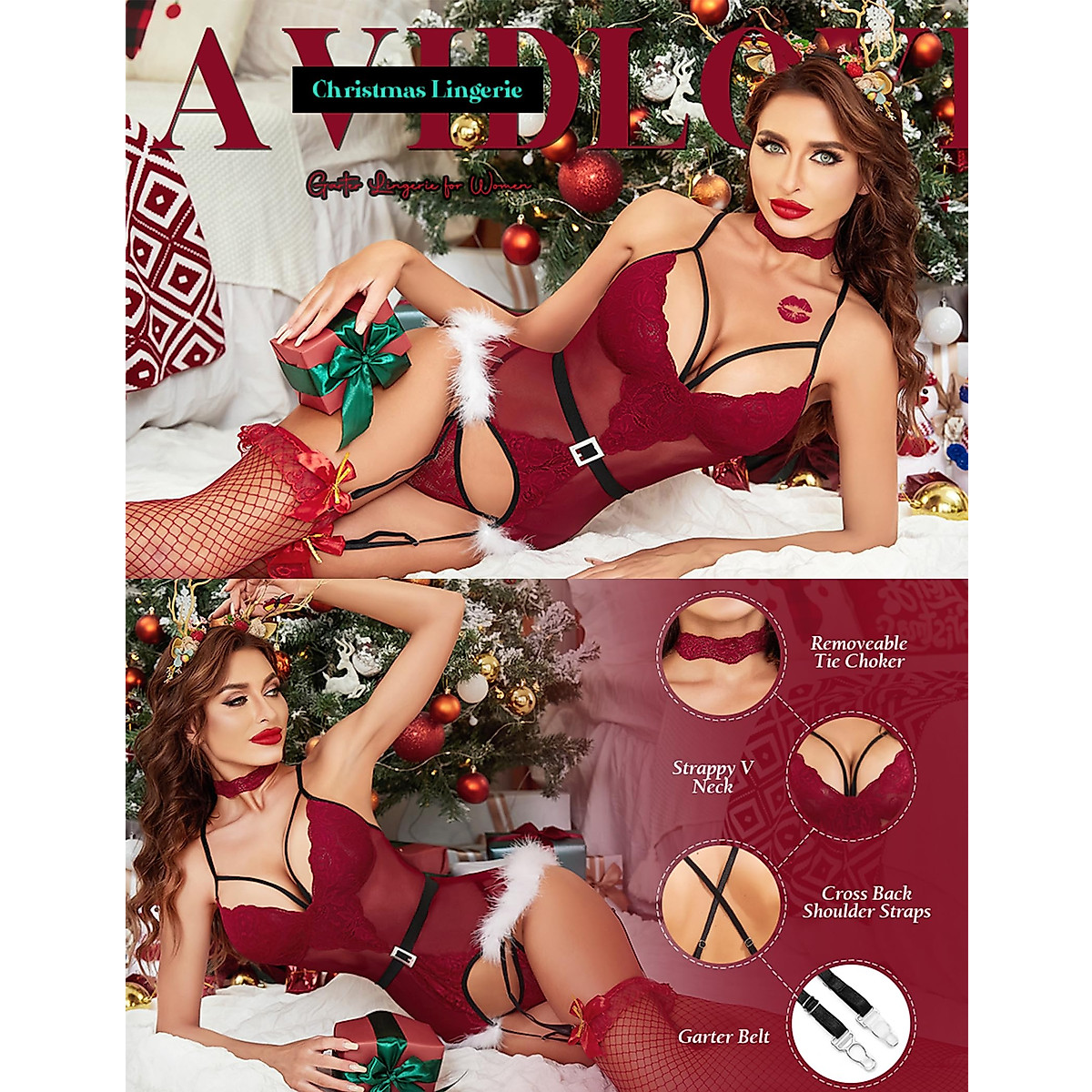 Avidlove Christmas Lingerie for Women Lace Bodysuit Lingerie Set Corset Lingerie Boudoir Outfits M Dark Red (No Stockings)