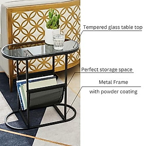 HoRunzelin Modern Oval End Table with Leatherette Magazine Sling, Glass Top Small Side Table with Metal Frame, Rustic Snack Accent Table, Black