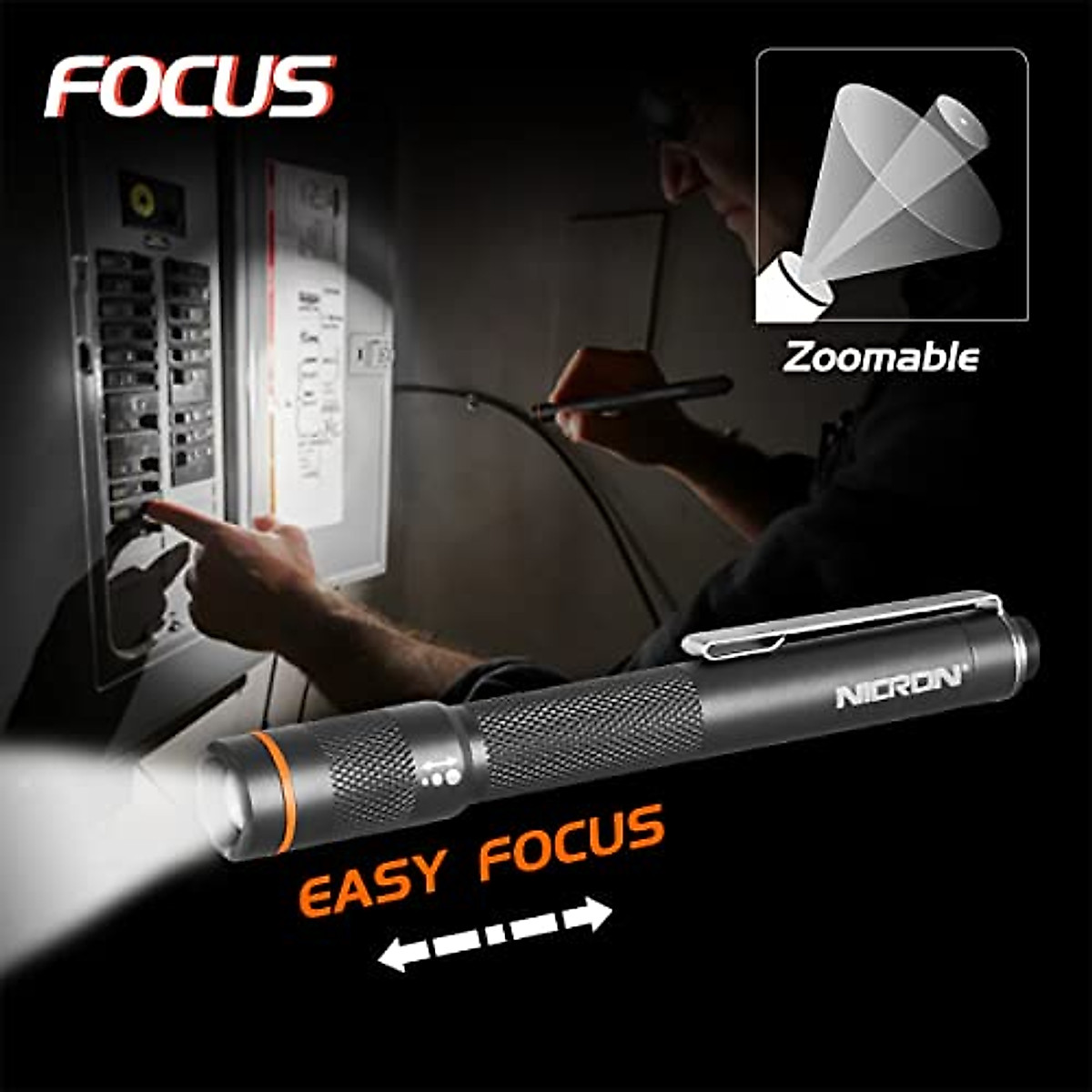 NICRON B22W LED Pocket Pen Light,Small,Compact,Portable,Zoomable Flashlight with Clip for Inspection,Camping,Outdoor,Everyday Use