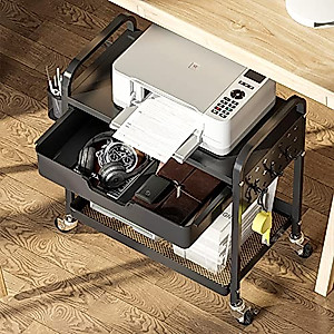TOOLF 2 Tier Under Desk Mobile Printer Stand, Rolling Printer Cart with Storage Bag Drawer Desktop Organizer Utility Cart for Home Office Multi Purpose Fax Shelf with Caster Wheel - Black