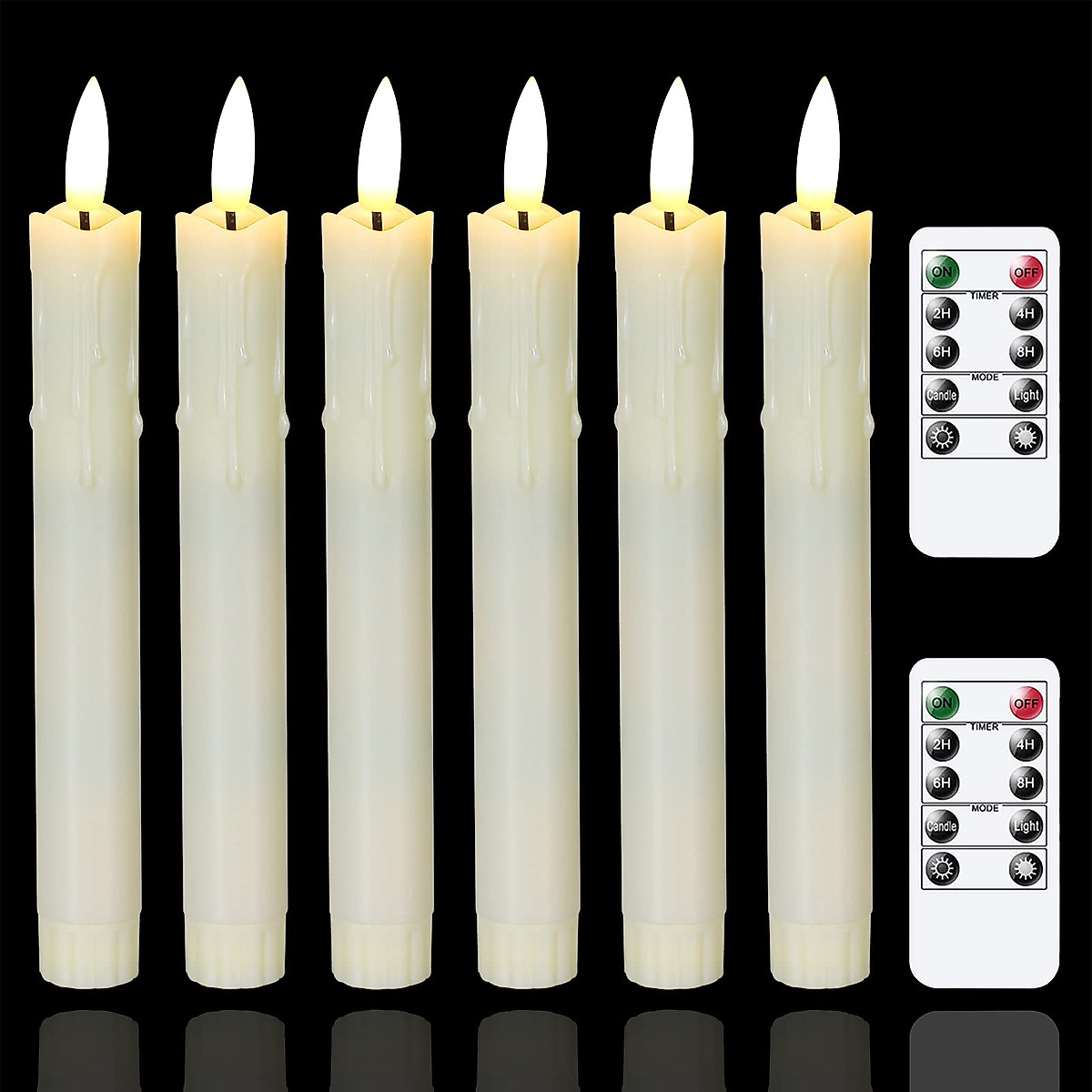 Mavandes Flameless Flickering Taper Candles Two Remote, 7.5 Inch Ivory Battery Operated LED Window Candles Timer,Set of 6 Plastic 3D-Wick Dripping-Wax Effect Flameless Candlesticks(0.86”Dia,Warm Fire)