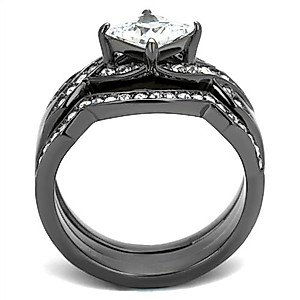 Marimor Jewelry 2.2 Carat Princess Cut Cubic Zirconia Light Black Stainless Steel Women's Wedding Ring Set Size 7