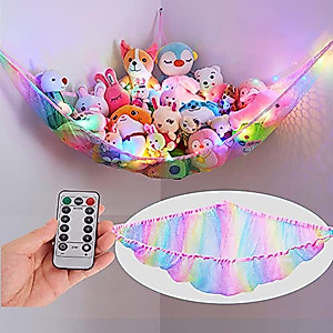 Stuffed Animals Hammock Kids Toy Storage with LED Light Unicorn Castle Plush Toy Organizer Coner Hanging Stuffed Animals Holder For Nursery Kids Girls Room Decor