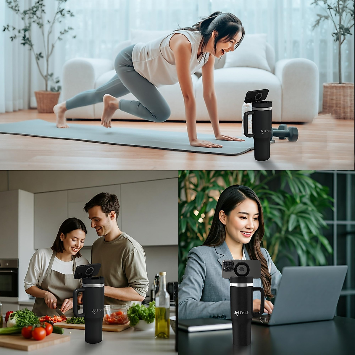 JetFresh 40 oz Tumbler with Handle and Straw Magnetic Phone Holder Tripod Lid Perfect for Car Phone Holder - Insulated Stainless Steel Leak Proof Spill Proof Water Tumbler for Men and Women Cup