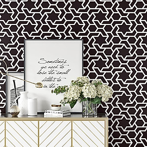 CHIHUT Black and White Peel and Stick Wallpaper Black Textured Wallpaper Hexagonal Stars Geometric Contact Paper for Cabinets Removable Self Adhesive Vinyl Wallpaper for Bedroom Walls 17.7”x100”