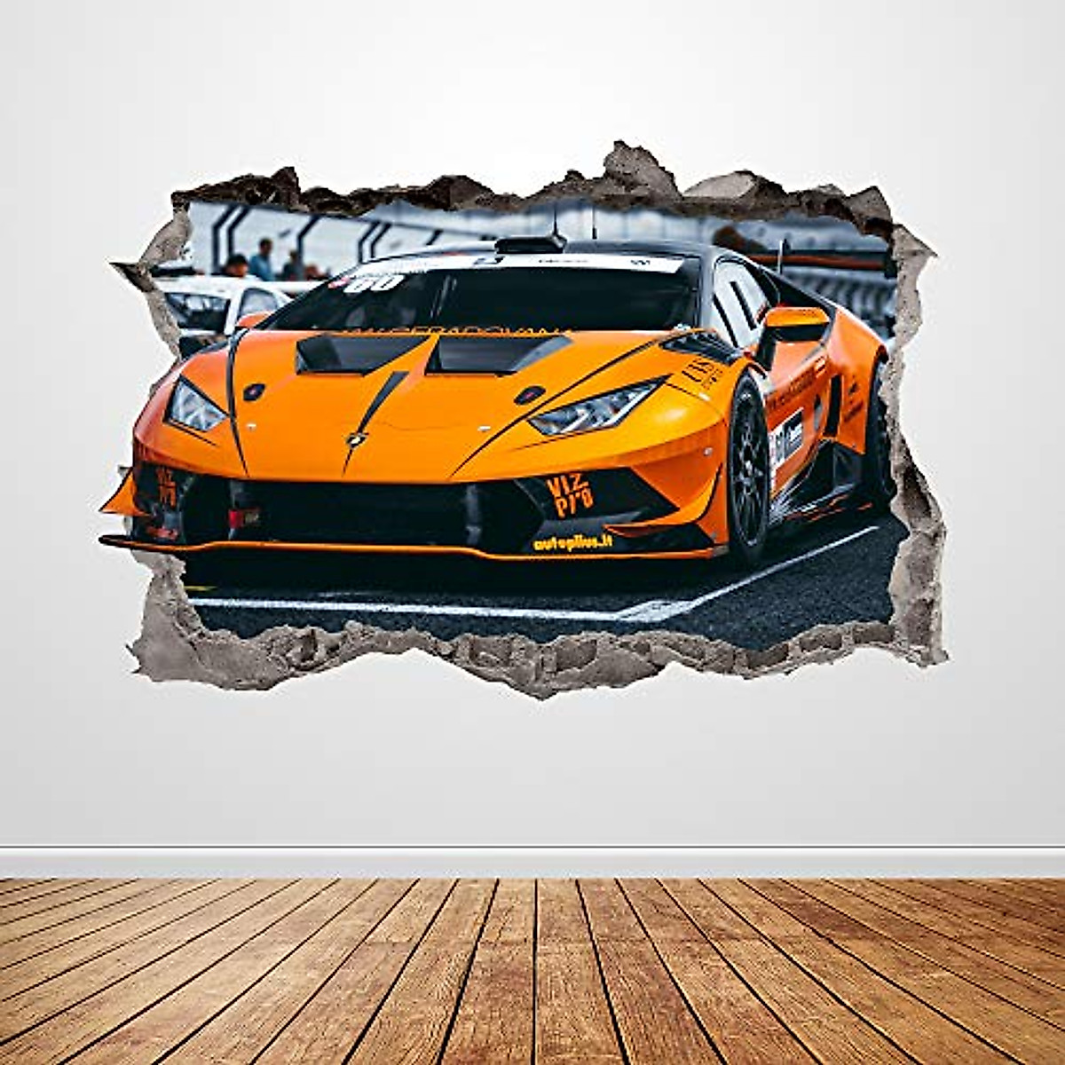 Racing Car Wall Decal Smashed 3D Graphic Lamborghini Wall Sticker Art Mural Poster Kids Room Decor Gift UP147 (24"W x 16"H inches)