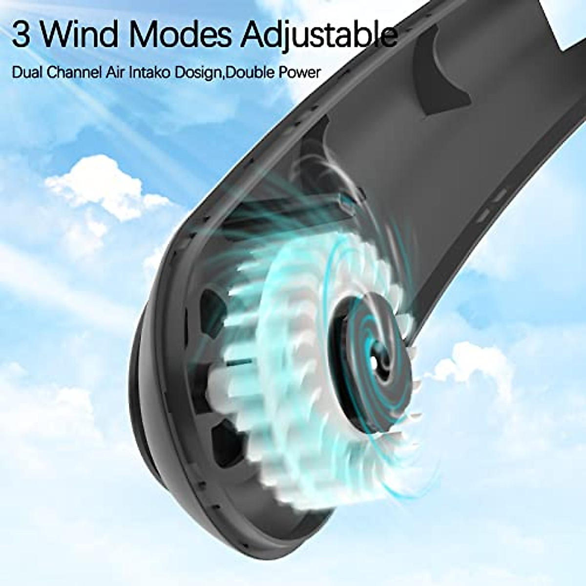 Nopligen Portable Neck Fans, Hands Free Bladeless Fan 4000 mAh Battery Operated Wearable Fan 3 Speeds Rechargeable Leafless Ultra-Quiet for Travel Outdoor (Black)