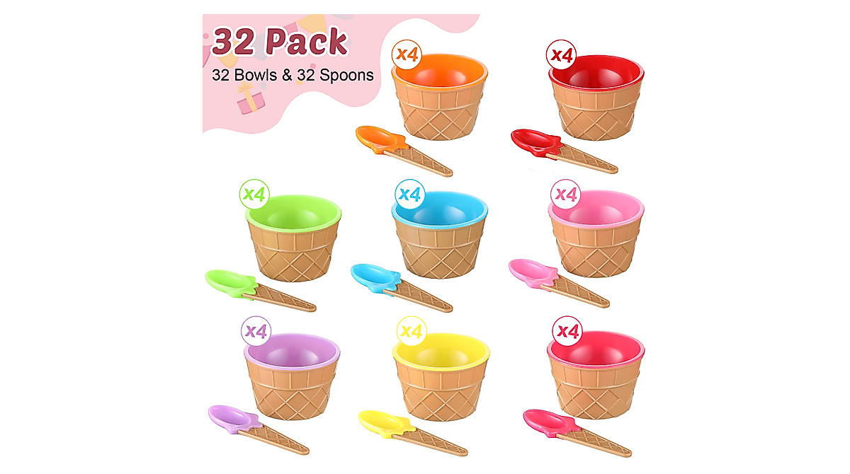 Plastic Ice Cream Bowls & Spoons Set - 32 Pack for Summer Parties