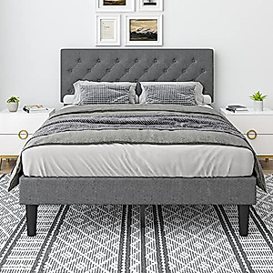 Queen Upholstered Platform Bed Frame, Queen Bed Frame with Headboard, Fabric Upholstered Platform with Button Tufted Headboard Sturdy Wood Slat Support, Mattress Foundation, No Box Spring Needed, Grey