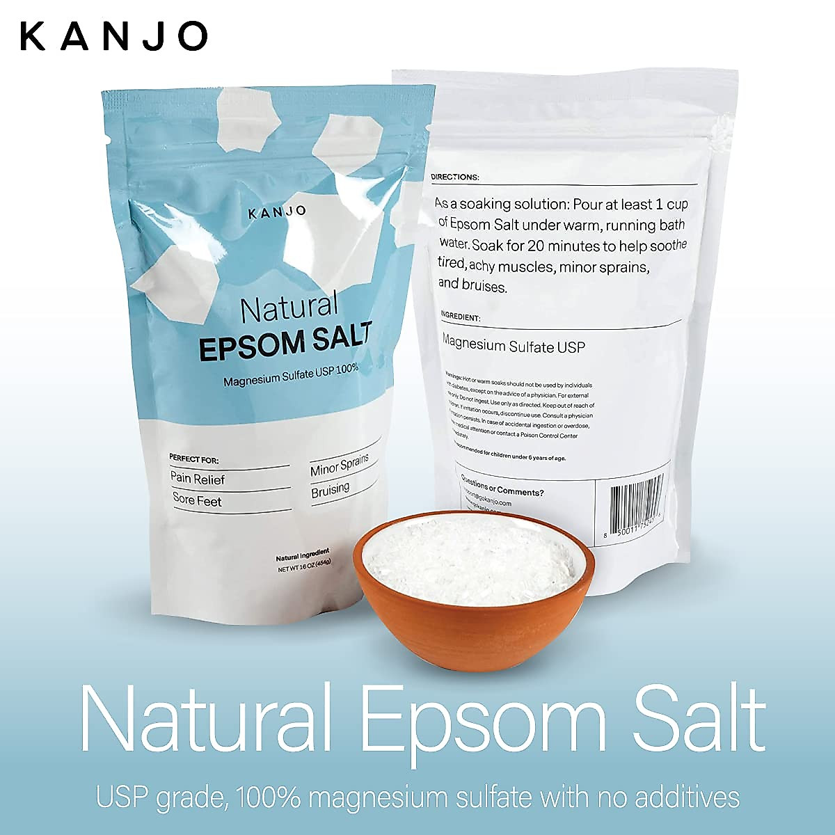 FSA HSA Eligible Kanjo Natural Epsom Salt - 100% Pure Magnesium Sulfate USP Bath Salt - Soak for Muscle Pain, Foot Pain, & Joint Pain Relief - Unscented - 16oz Bag