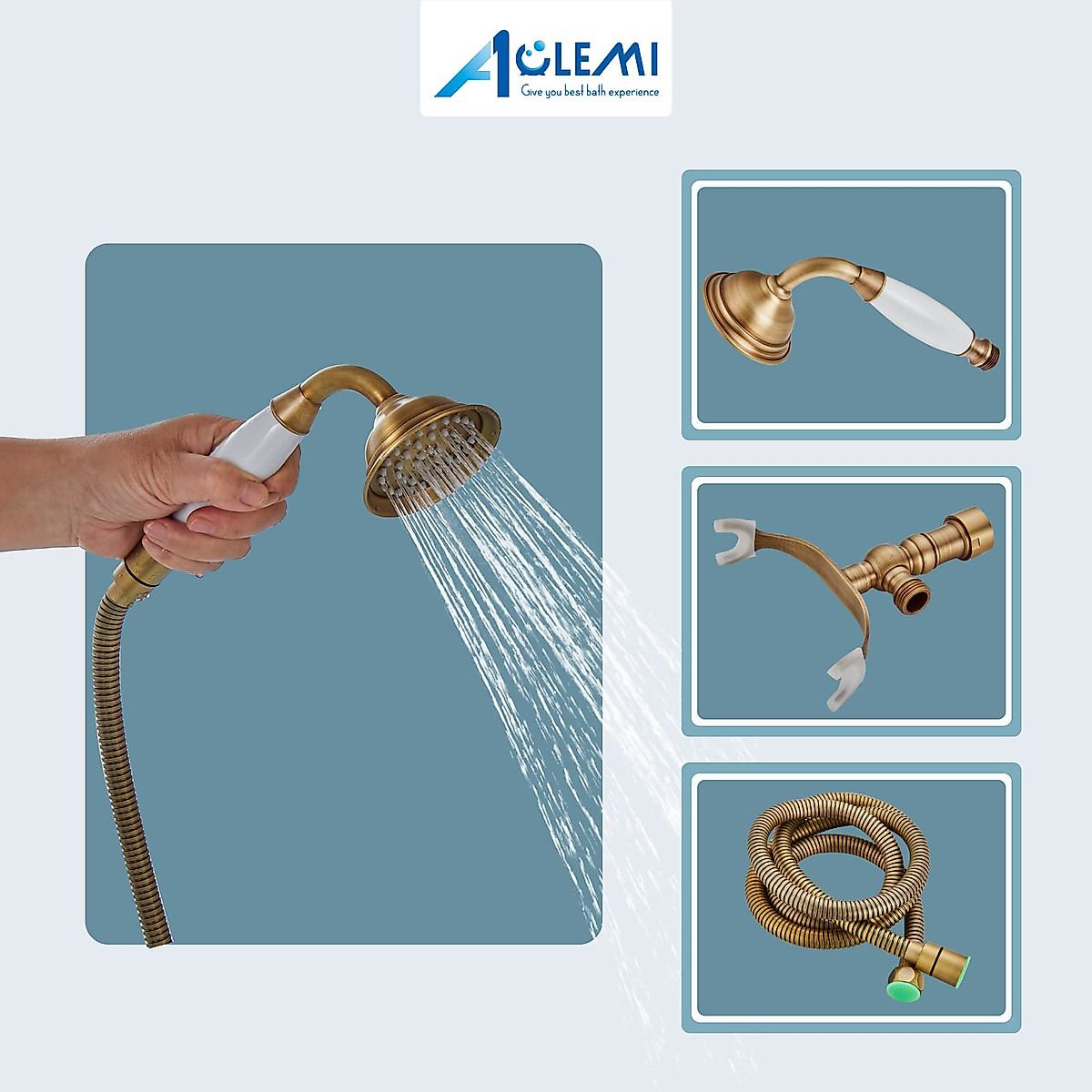 Aolemi Clawfoot Tub Faucet with Handheld Spray and Bathtub Spout Double Lever Handle Bathroom Mixer Tap Victoria Vintage Telephone Shape Shower Set Deck Mount Antique Brass