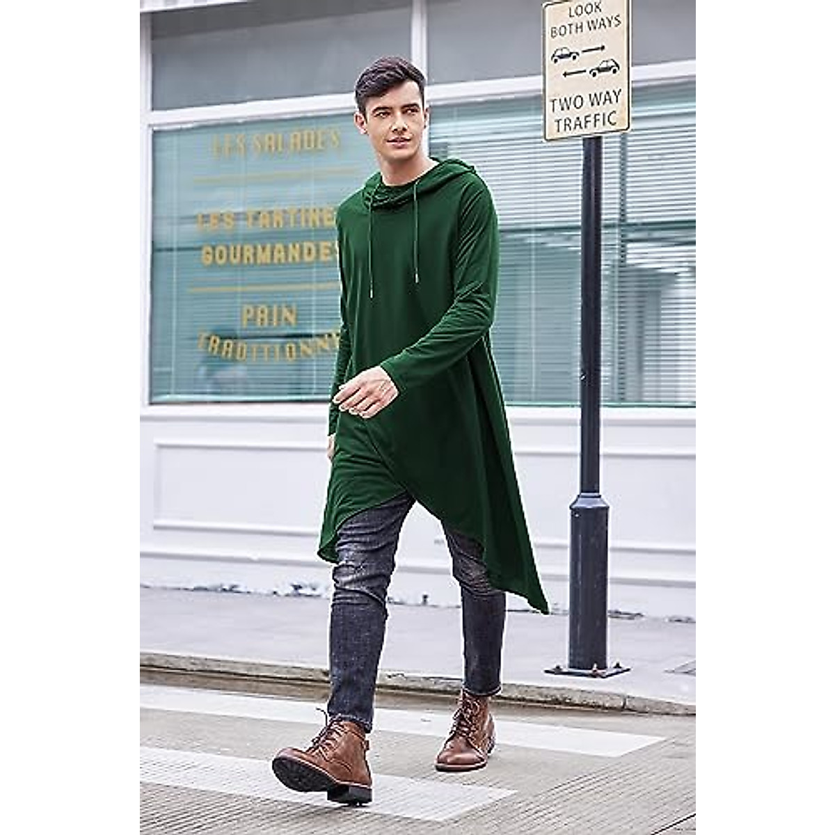 COOFANDY Mens Christmas Poncho Hooded Cape Cloak Asymmetric Hem Pullover Hoodie Green