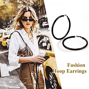 FOCALOOK Hoop Earrings Black Stainless Steel 40mm Chunky Round Cirlcle Endless Hoops for Women