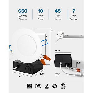 Sunco Lighting 6 Pack 4 Inch Ultra Thin LED Recessed Ceiling Lights Slim 2700K Soft White, Dimmable, 10W=60W, Smooth Trim, Wafer Thin, Canless with Junction Box - Energy Star