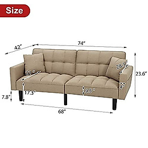 HOMHUM Convertible Sleeper Sofa Bed Modern Linen Fabric Couch Bed Futon Sofa Bed with 2 Pillows for Living Room, Apartment, Guest Room, Gentle Khaki