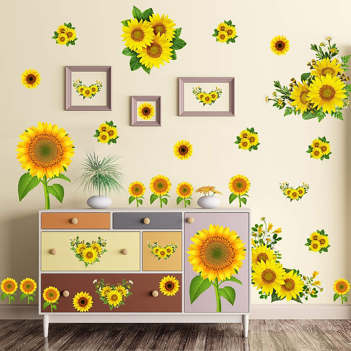RW-ZSZ2881 31PCS Sunflower Wall Decals 3D Sunflower Yellow Daisy Flowers Wall Stickers Floral Decals DIY Removable Sunflower Green Leaves Wall Decor for Kids Baby Bedroom Living Room Bathroom Nursery