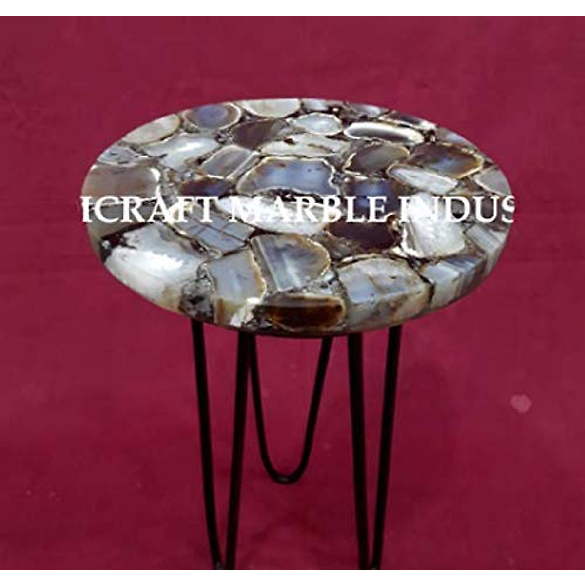 Natural Agate Table, Agate Table With Metal Stand, Round Agate Stone Table, Centerpiece, Agate Side Table 12" Inch