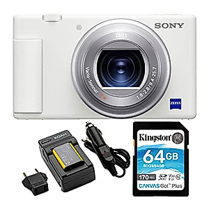 Sony ZV-1 Camera for Content Creators and Vloggers (White) Bundle with NP-BX1 Battery with Charger and 64GB Canvas Go Plus 170MB/s SD Card (3 Items)