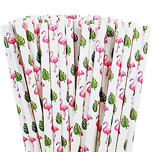 Whaline 100Pcs Summer Paper Straws Flamingo Tropical Leaves Disposable Paper Straws Hawaii Theme Decorative Straws for Summer Party Baby Shower Supplies Juices Shakes Cocktail Decoration