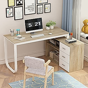 Homsee Home Office Computer Desk Corner Desk with 3 Drawers and 2 Shelves, 55 Inch Large L-Shaped Study Writing Table with Storage Cabinet - Walnut and White