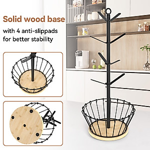 simesove Drying Storage Rack Holder Home Storage Mug Hooks Multipurpose Display Stand Metal Tree Shape Mug Coffee Cups Stand with 8 Hooks-Bamboo Base with Coffee Basket