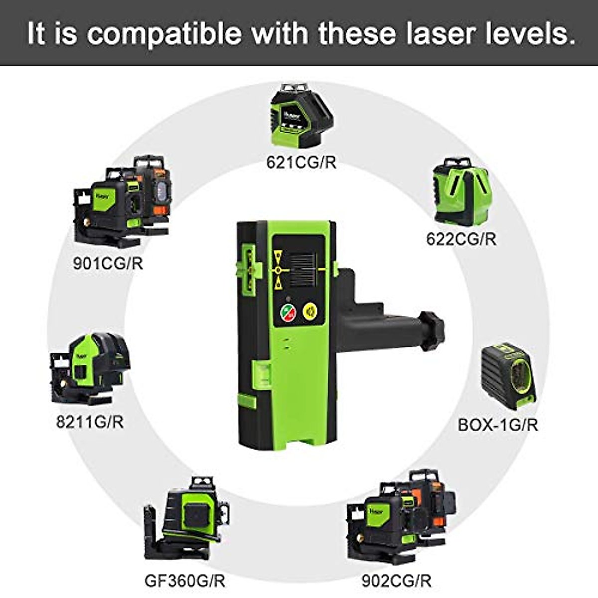 Huepar Laser Detector for Line Level, Digital Receiver Used with Pulsing Lasers Up to 200ft, Detect Red and Green Beams, Three-Sided LED Displays, Clamp Included LR-6RG
