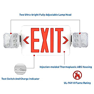 LED Exit Sign with Emergency Light, 2 Adjustable Head Flood Lights, OSTEK Double Sided Red Emergency Exit Sign and Lights Combo, 90min Backup Battery, Fire Resistant 120-277V (UL 94V-0)(1pack)