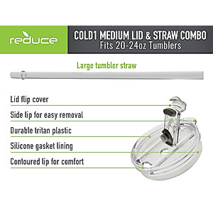 REDUCE brand Cold1 Tumblers or Mugs 20-24oz mouth Replacement Lid (3.5 inch diameter) and Straw (10.6 inch) set, Clear, BPA Free, Dishwasher safe, Durable, Reusable, Spill Proof Lid, Medium