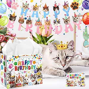 Cat Birthday Gift Bag Cat Birthday Decorations Pet Birthday Supplies with Cat Wrapping Paper and Greeting Card Meow Birthday Party Decorations for Kids Baby Shower Birthday Christmas Decorations Party Supplies
