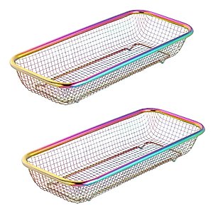 BYEGOU Silverware Drawer Organizer, Rainbow Mesh Kitchen Drawer Organizers, Iridescent Stackable Storage Basket Metal Utensil Holder for Flatware, 12.5"x5"x2.5", Pack of 2