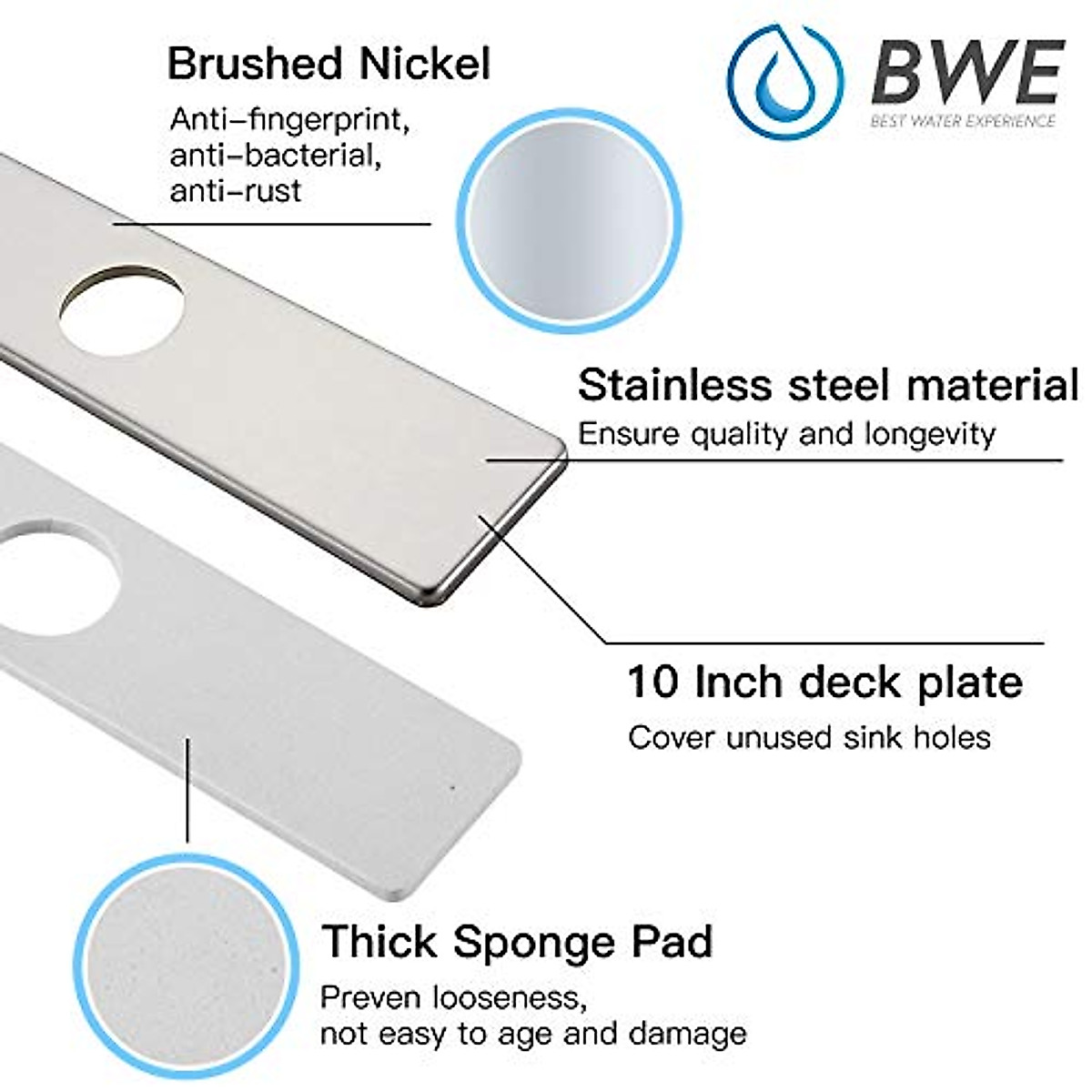 BWE Square 10 Inch Kitchen Sink Faucet Hole Cover Deck Plate Escutcheon Brushed Nickel