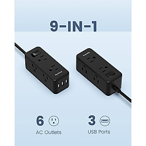 Power Strip Surge Protector with USB, SUPERDANNY Mini Flat Plug Extension Cord with 6 Widely Space Outlets & 3 USB Ports 5 Ft, Wall Mount, Compact & Small Charging Station for Office/Travel, Black
