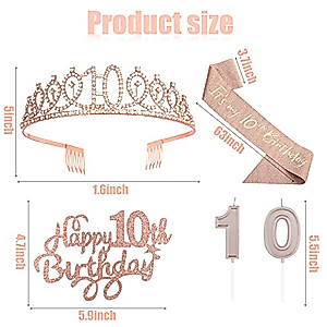 AIEX 4pcs Rose Gold Birthday Decorations Kit, Including Birthday Crown and Sash Cake Topper Cake Number Candles Birthday Girl Decorations(10th Birthday)