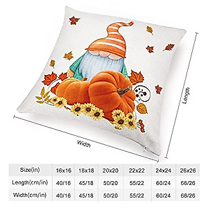 Gnome Pumpkins Sunflowers Decorative Throw Pillow Harvestss Thanksgiving Halloween Autumn Decor Burlap Soft Modern Pillow Shams for Home Sofa Couch Decoration with Zipper Closure 18x18