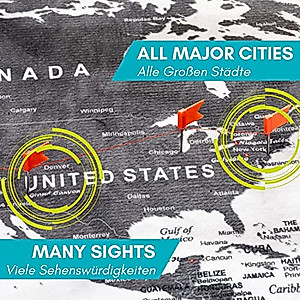 World Map XXL 51 x 28 inches, Travel Pin Board with Fleece Surface in Modern Wall Art Design, 20 Flag Push Pins Included