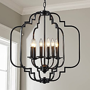 Saint Mossi Black Farmhouse Chandelier with 6 Lights,Lantern Metal Pendant Lighting for Dining Room,Living Room,Kitchen,Foyer,W23 x H26 with Adjustable Chain
