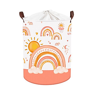 Clastyle Boho Rainbow Collapsible Laundry Basket with Handle Baby Girls Clothes Hamper for Nursery Kid Room Sun Moon Cloud Beach Towel Toy Storage Basket with Lid