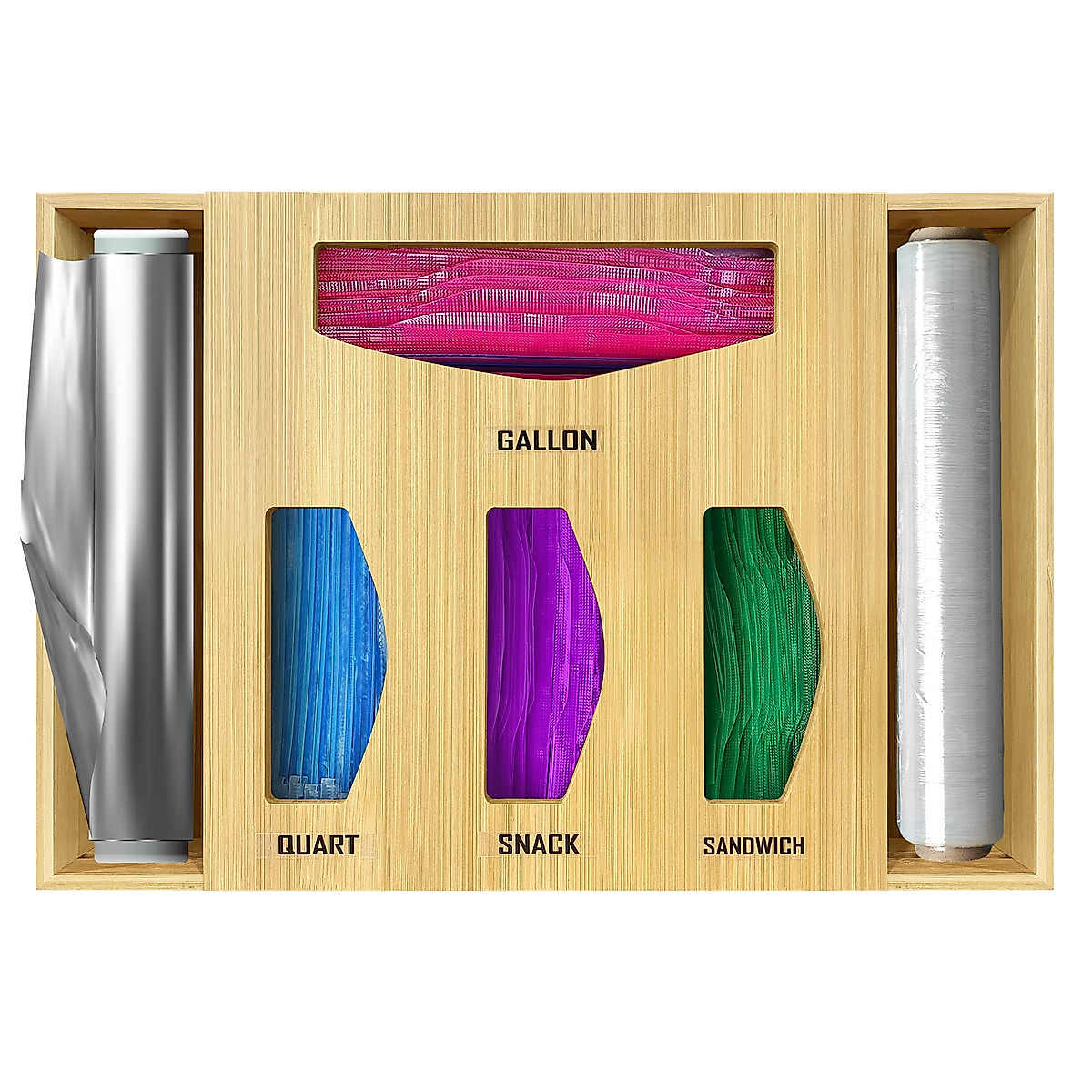 Ella & Emma Zip Lock Bag Organizer - Bamboo Zip Lock Bag Organization and Storage, Foil & Plastic Wrap Dispenser with Cutter, Expandable Kitchen Organization for Storage Drawers, 13.2 by 13.6 by 3 in