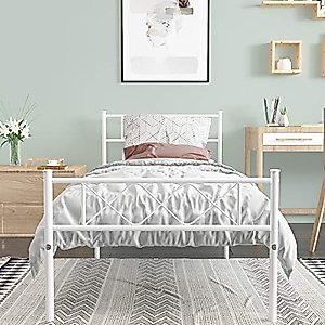 Weehom Metal Twin Bed Platform Frame Heavy Duty Steel Slat Under Bed Storage,White