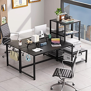 GreenForest Computer Desk with Storage Printer Shelf,67 inch Reversible Home Office Desk Large Study Writing Table with Movable Monitor Stand and 2 Headphone Hooks for PC Gaming Working, Black