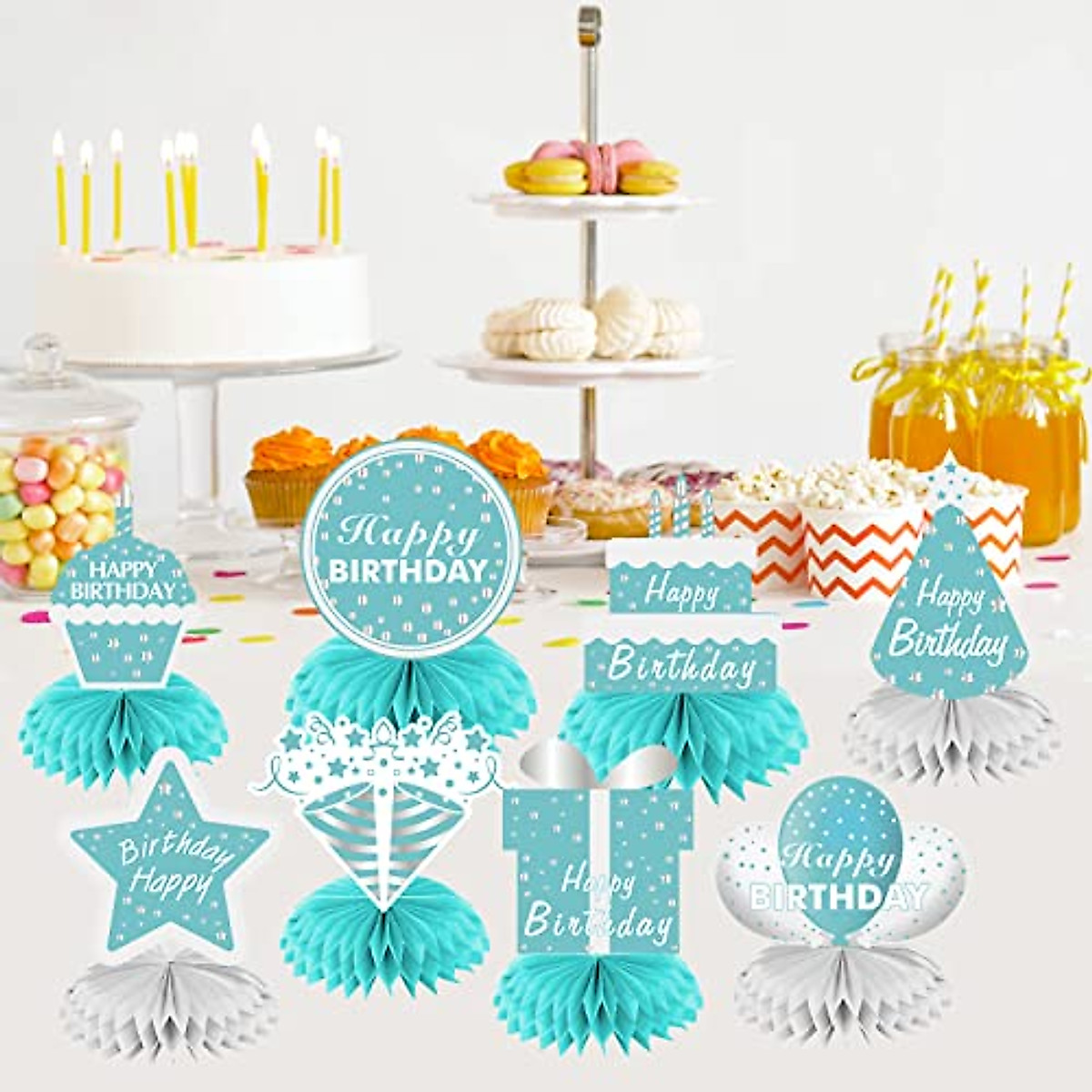 Teal Birthday Decorations Table Centerpieces for Women Girls, 8pcs Breakfast Blue Happy Birthday Honeycomb Centerpieces Party Supplies, Teal Blue Bday Party Table Topper Decor