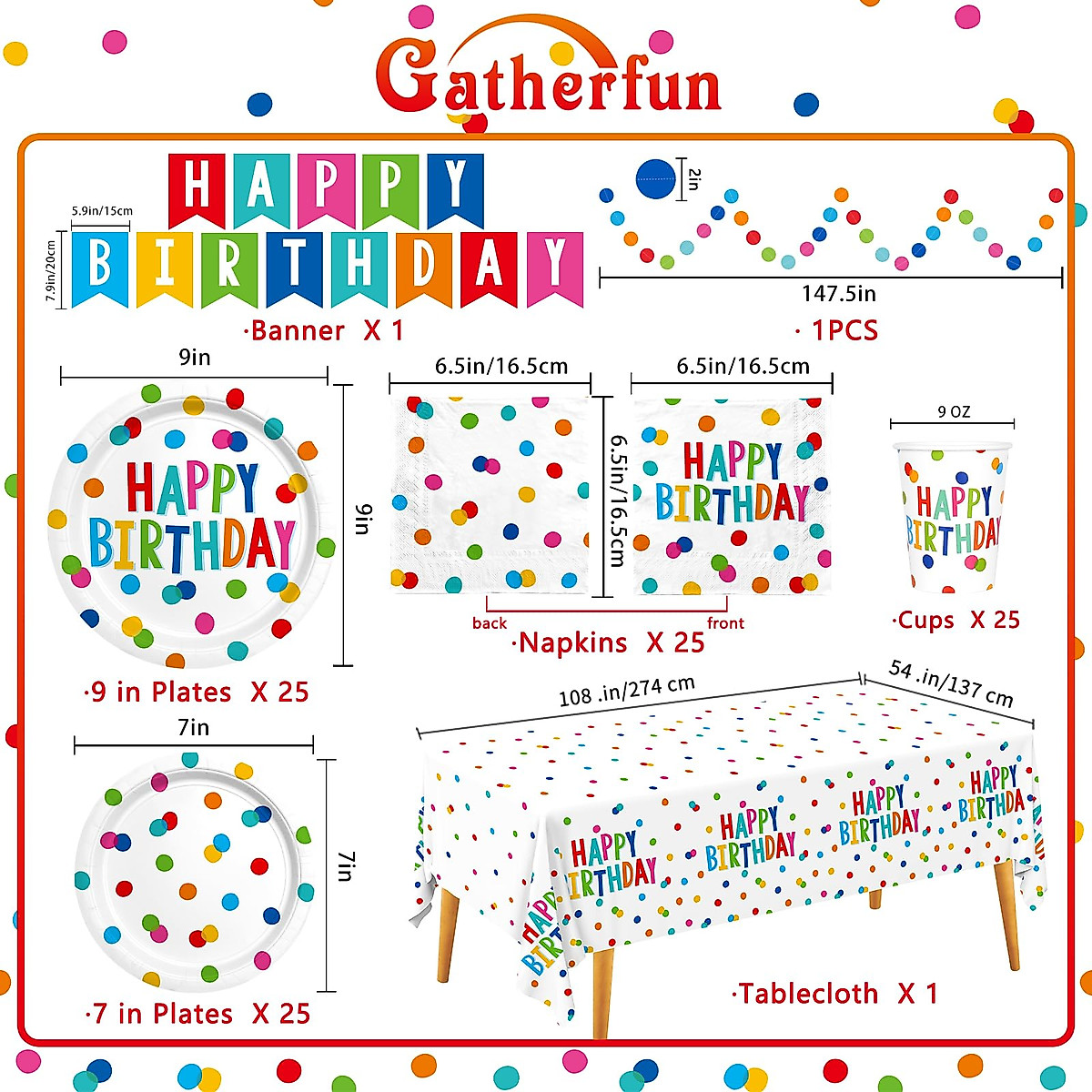 Happy Birthday Decorations: Happy Birthday Party Supplies Set with Birthday Dots Design- Includes Disposable Paper Birthday Plates and Napkins, Cups, Tablecloth, and Banner for Boys/Girls, Serves 25.