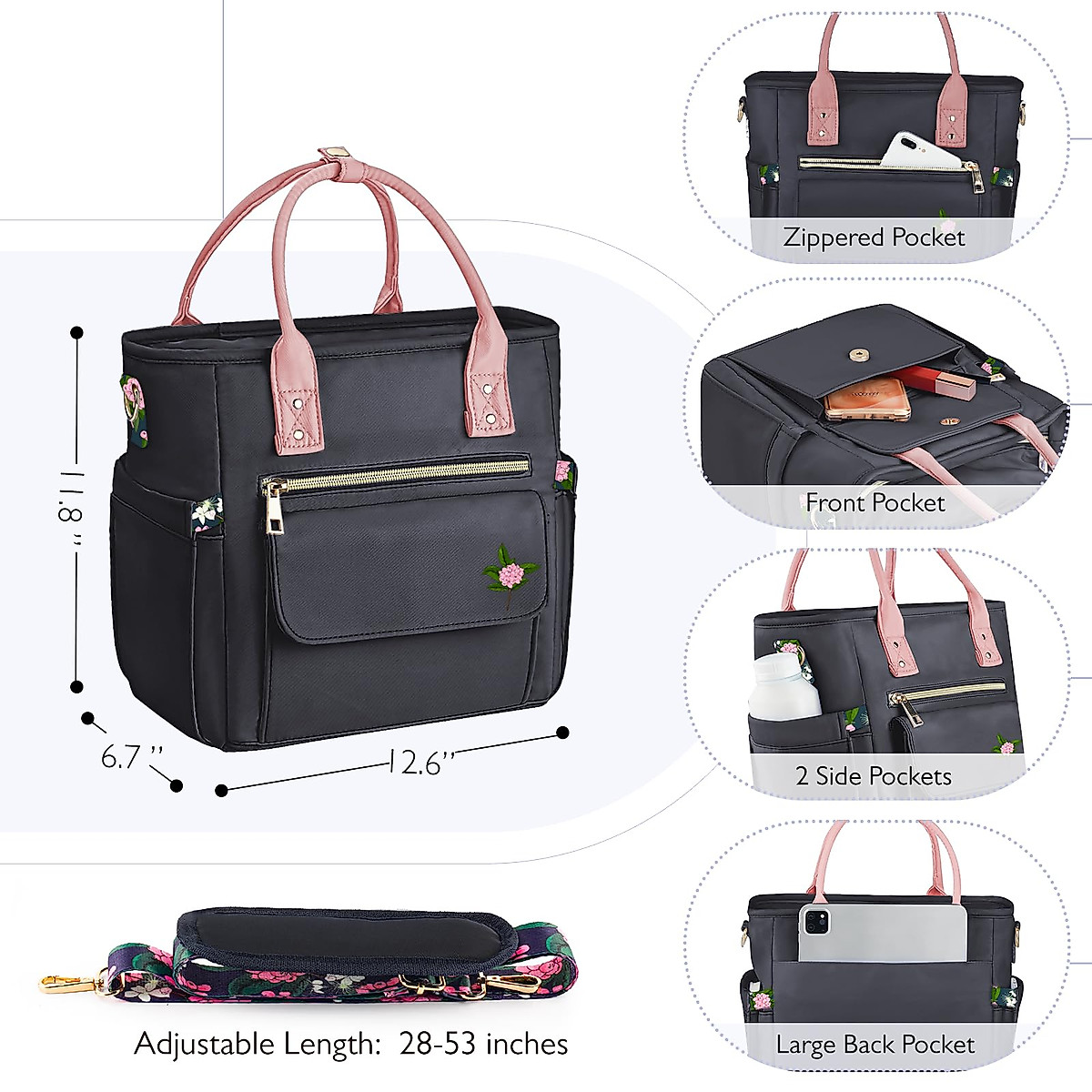 GLORIEROO Deluxe Large Insulated Lunch Bag Box Women - Leakproof Waterproof Cooler with Multi Pockets Removable Strap for Work Picnic - Teacher Mothers Day Christmas Birthday Gifts