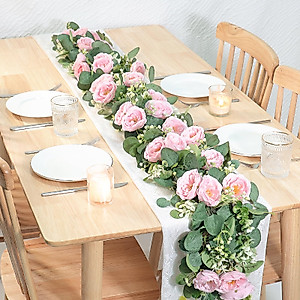 TOCHGREEN 2 Pack 13Ft Artificial Eucalyptus Flower Garland with Pink Roses, Fake Rose Flower Greenery Garland Floral Vines for Wedding Home Party Table Runner Decor (2PCS, Pink)