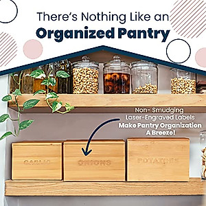 LandHome Onion and Potato Storage Bins (3 Pcs) - Stackable Bamboo Vegetable Containers, Engraved Garlic Pantry Canister, Farmhouse Kitchen Accessories